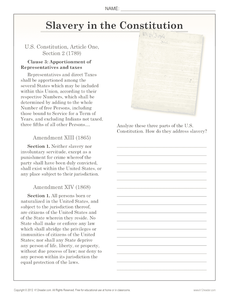 Fillable Online Slavery in the Constitution 9th and 10th Grade Reading ...