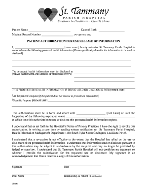 Fillable Online PATIENT AUTHORIZATION FOR USERELEASE OF INFORMATION ...