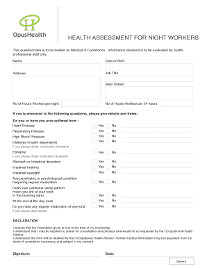 Fillable Online opushealthuk co HEALTH ASSESSMENT FOR NIGHT WORKERS ...