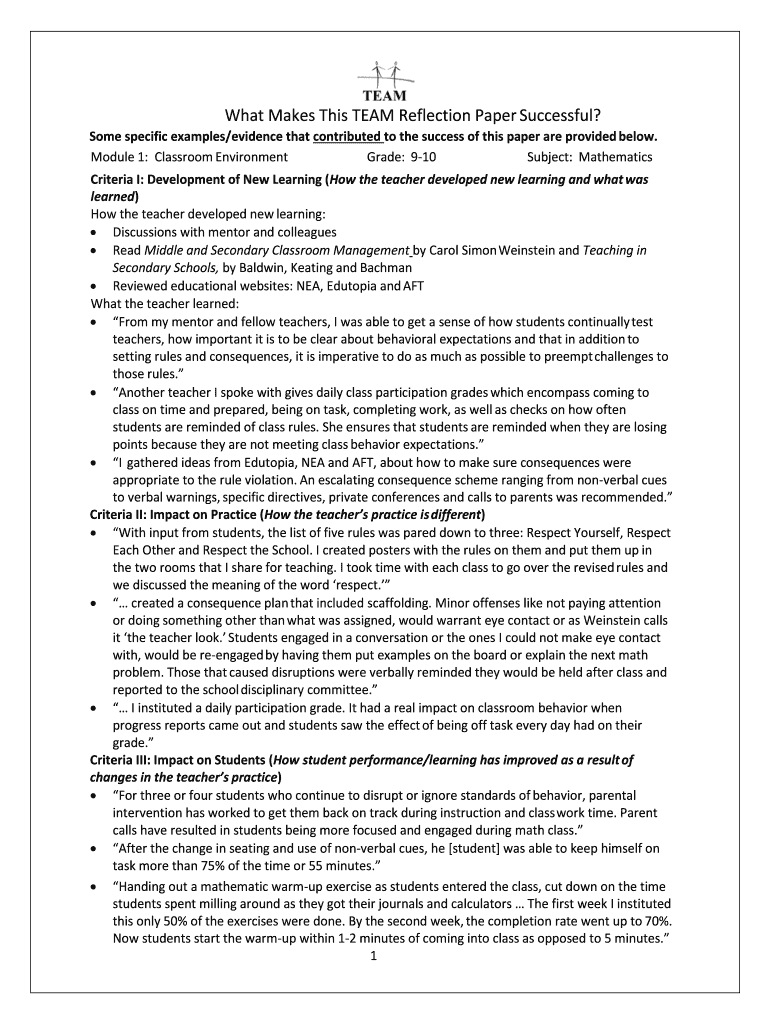 Fillable Online What Makes This TEAM Reflection Paper Successful? - CT ...