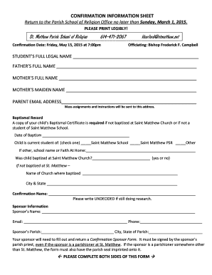 Fillable Online CONFIRMATION INFORMATION SHEET Return to the Parish ...