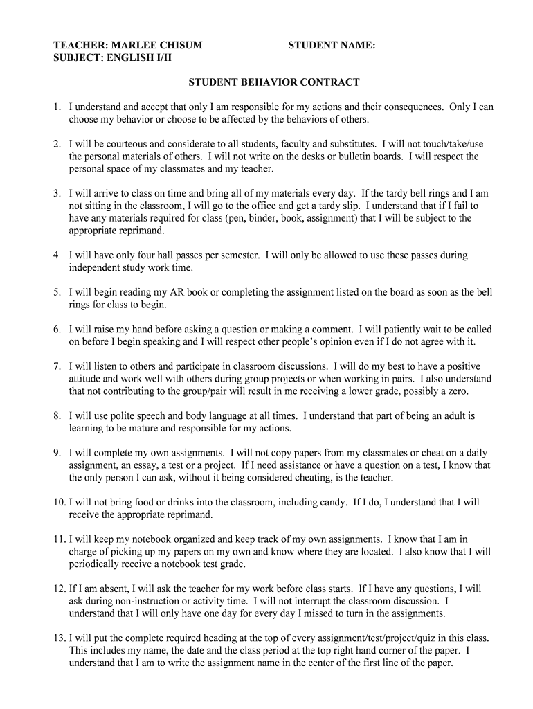 Fillable Online phs perrytonisd STUDENT BEHAVIOR CONTRACT 2 - Perryton ...