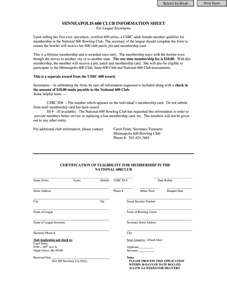 Fillable Online MINNEAPOLIS 600 CLUB INFORMATION SHEET Fax Email Print ...