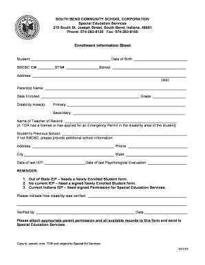 Fillable Online Enrollment Information Sheet - Special Ed Home Page Fax Email Print - pdfFiller
