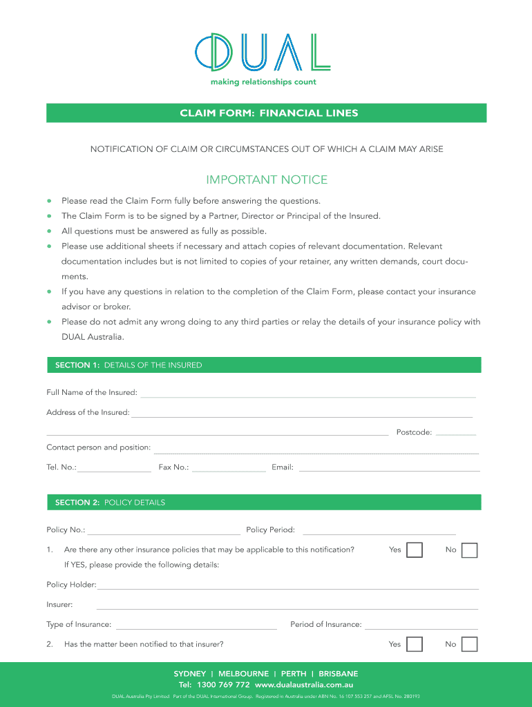 Fillable Online CLAIM FORM FINANCIAL LINES - DUAL Australia Fax Email ...