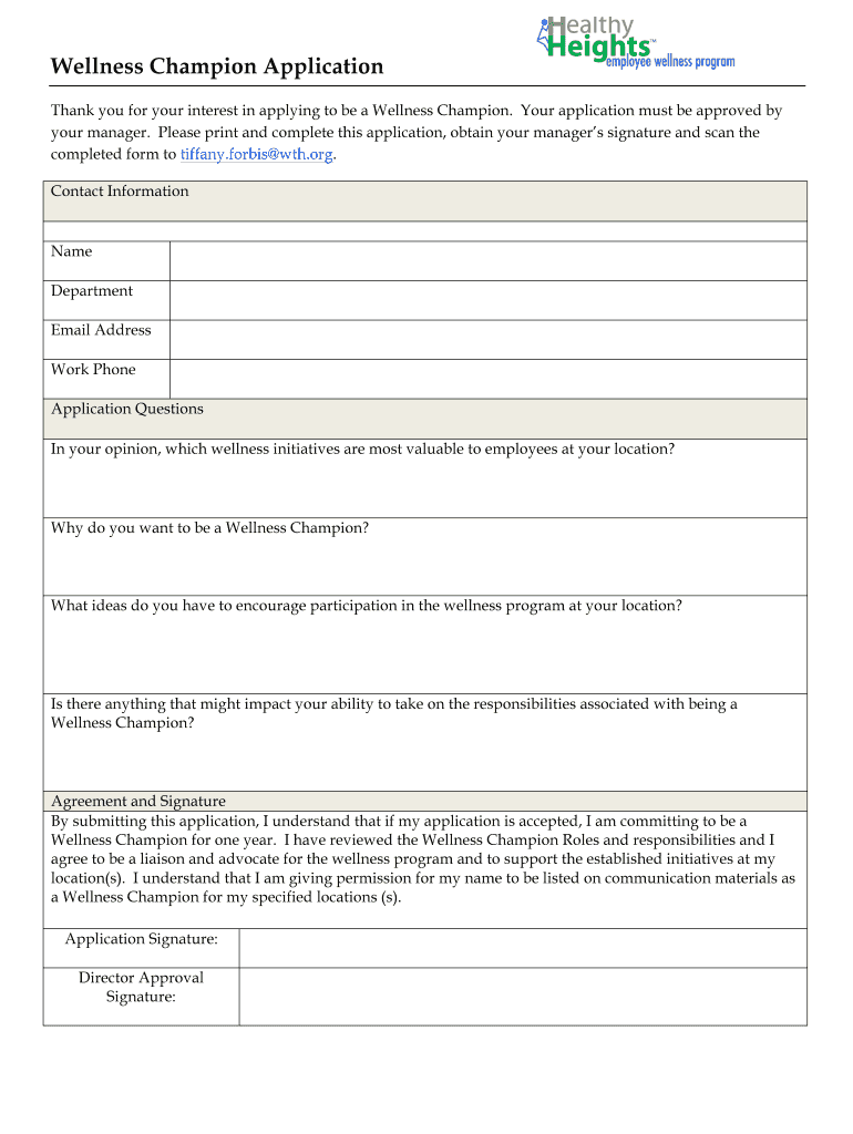 Wellness Champion Application Form - Blank Fillable Template | Fill Out ...
