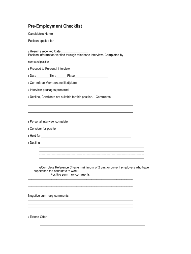 Fillable Online Pre-Employment Checklist Fax Email Print - pdfFiller