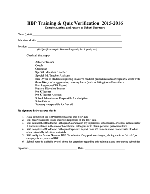 Fillable Online BBP Training & Quiz Verification 20152016 Fax Email ...