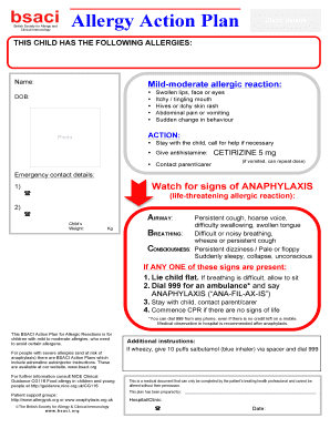 Fillable Online bsaci Allergy Action Plan - The British Society for ...