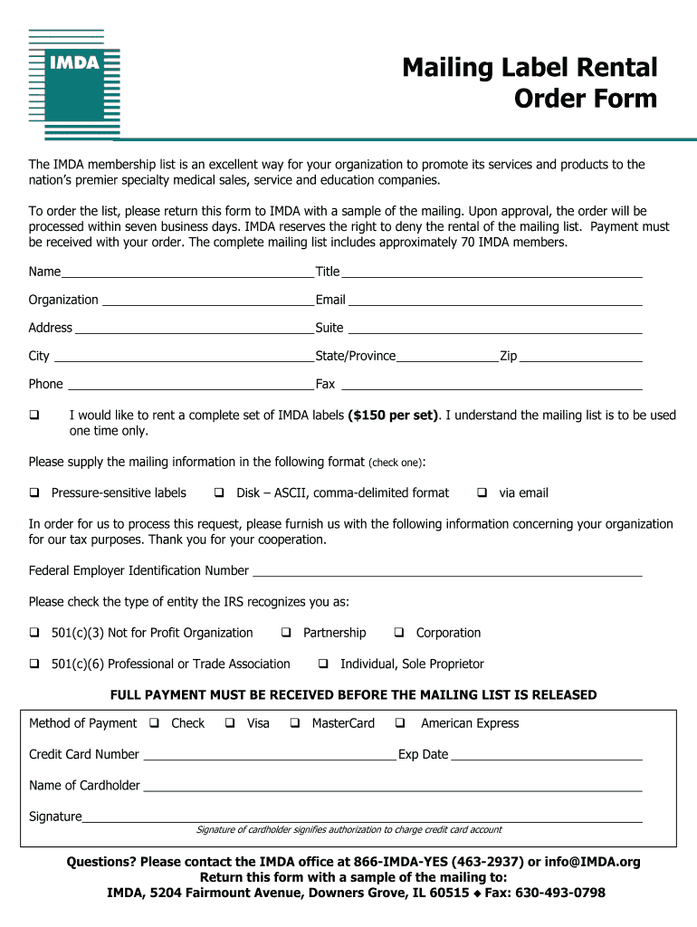 Fillable Online Mailing Label Rental Order Form - bIMDAbborgb Fax Email ...