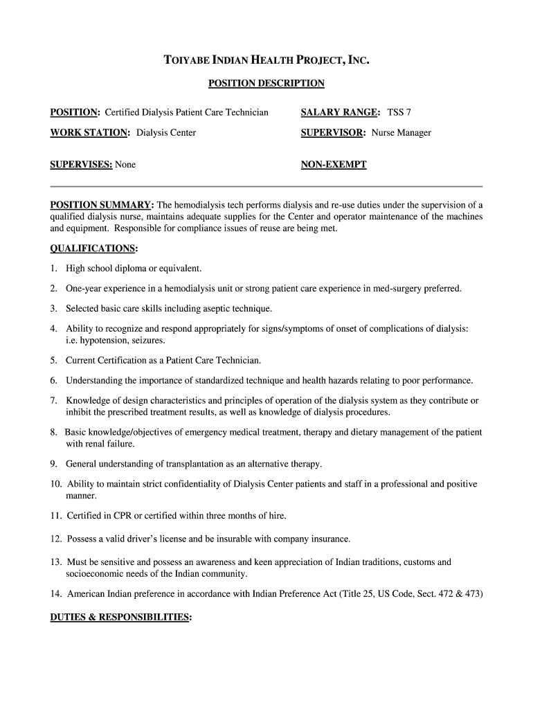 Fillable Online toiyabe POSITION Certified Dialysis Patient Care Technician Fax Email Print ...
