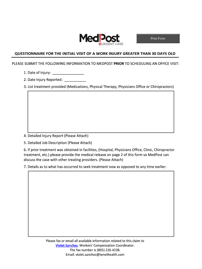 Fillable Online Questionnaire for the initial visit of a work injury ...