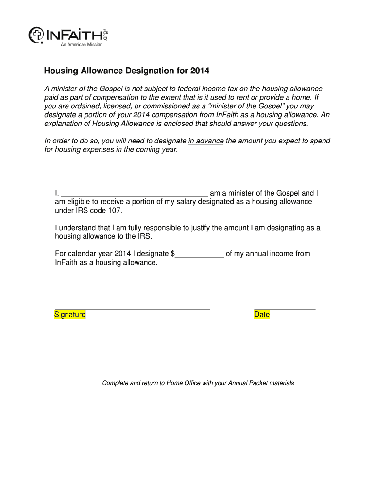 Fillable Online infaith Housing Allowance Designation for 2014 ...