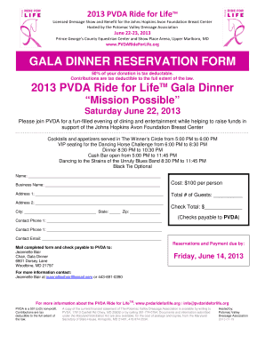 Fillable Online pvdarideforlife WwwbPVDARideForLifebborgb GALA DINNER RESERVATION FORM Fax Email ...