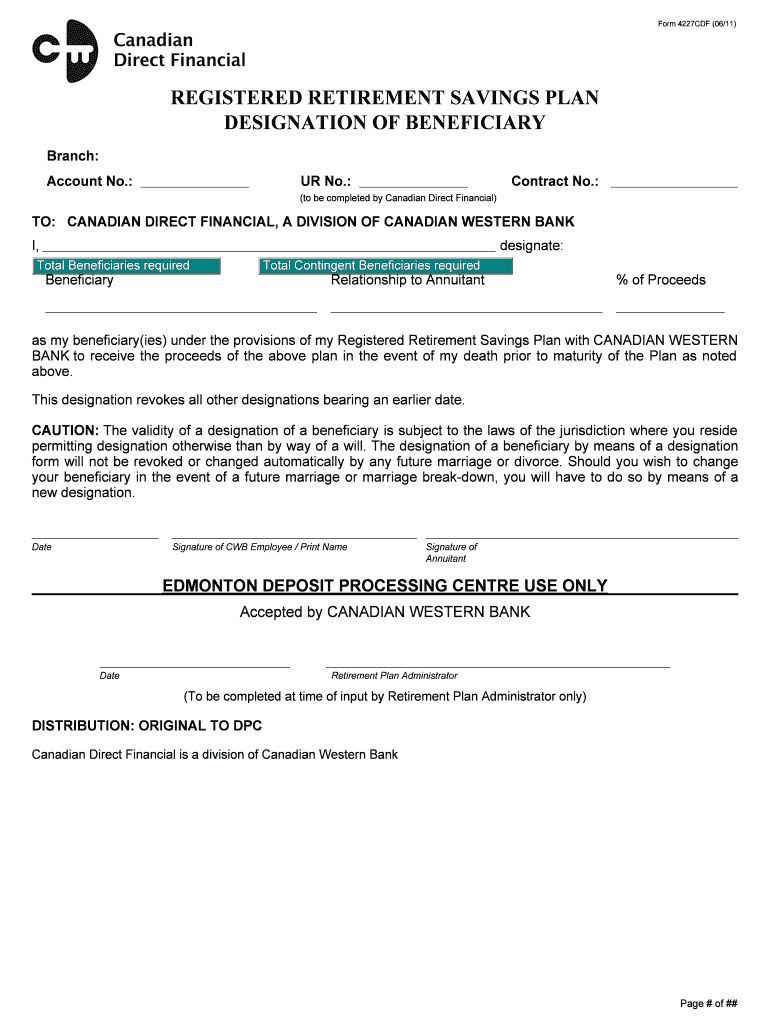 Fillable Online RRSP Designation of Beneficiary - Canadian Direct ...