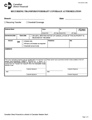 Fillable Online Recurring transfer/overdraft coverage authorization - Canadian Direct ... Fax ...