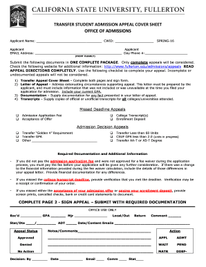 Fillable Online admissions fullerton Transfer student admission appeal ...