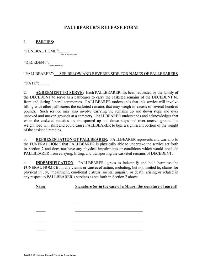 Fillable Online Pallbearers Release Form - VFDA Fax Email Print - pdfFiller