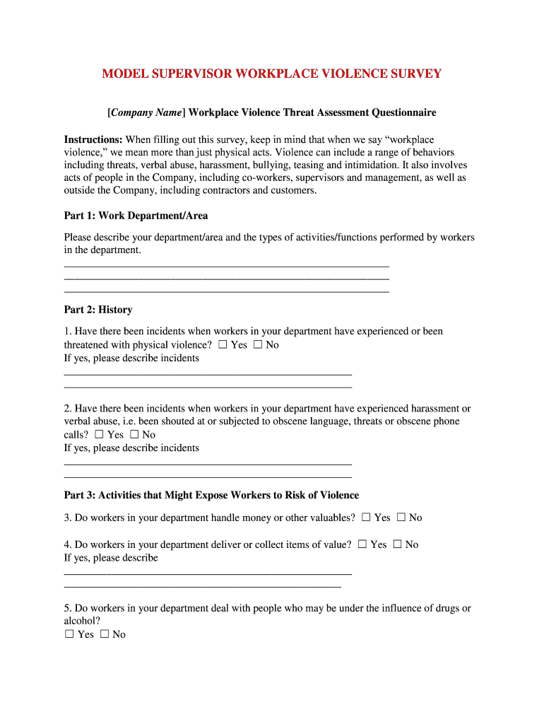 Fillable Online MODEL SUPERVISOR WORKPLACE VIOLENCE SURVEY Fax Email ...