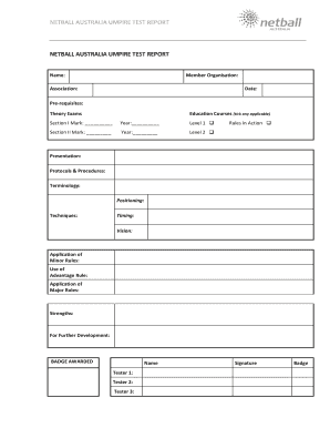 Fillable Online Netball Australia Umpire Test Report Fax Email Print ...