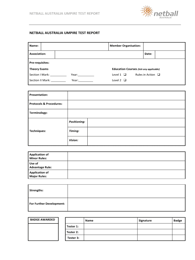 Fillable Online Netball Australia Umpire Test Report Fax Email Print ...