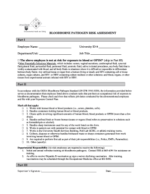 Fillable Online BLOODBORNE PATHOGEN RISK ASSESSMENT Part I Employee ...