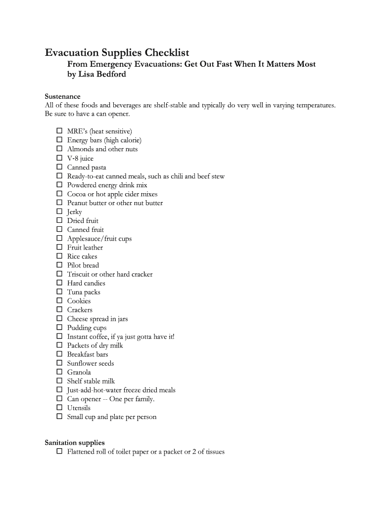Fillable Online Evacuation Supplies Checklist - The Survival Mom Fax Email Print - pdfFiller