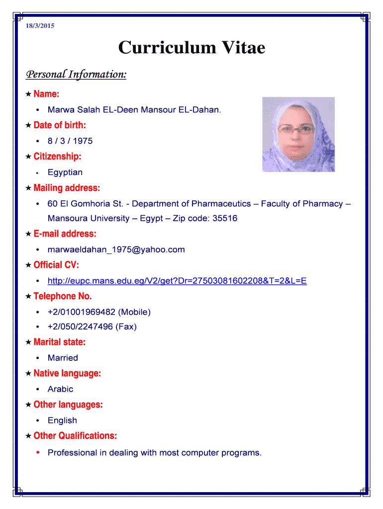 Fillable Online pharfac mans edu Dr. Marwa CV Fax Email Print - pdfFiller