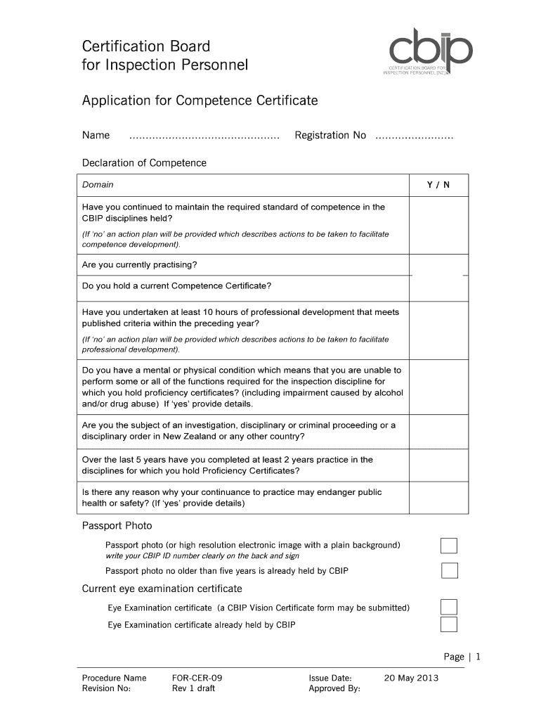 Fillable Online cbip co FOR-CER-09 Rev 1 Application for Competence ...