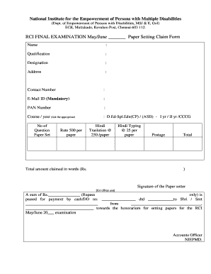 Fillable Online RCI FINAL EXAMINATION MayJune Paper Setting Claim Form ...