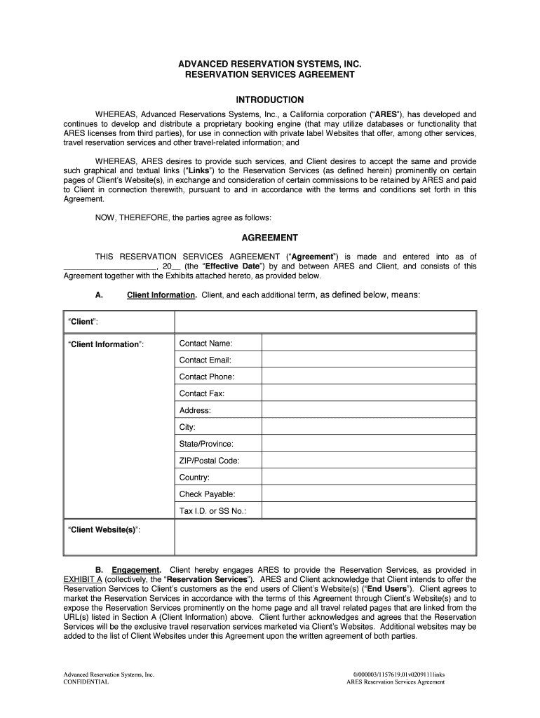 Fillable Online ARES Reservation Services Agreement Hotel (pdf) - aRes Travel Inc Fax Email ...