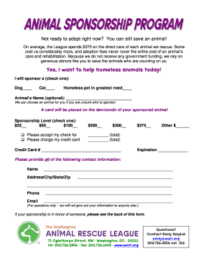 Fillable Online warl Animal sponsorship program - The Washington Animal ...