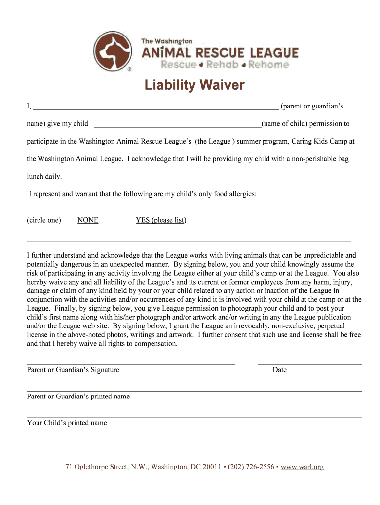 Fillable Online warl Liability Waiver - The Washington Animal Rescue ...