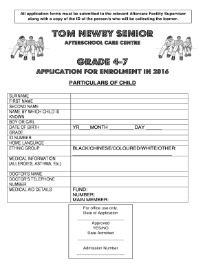 Fillable Online Senior Aftercare Application Form 2016 - Tom Newby ...
