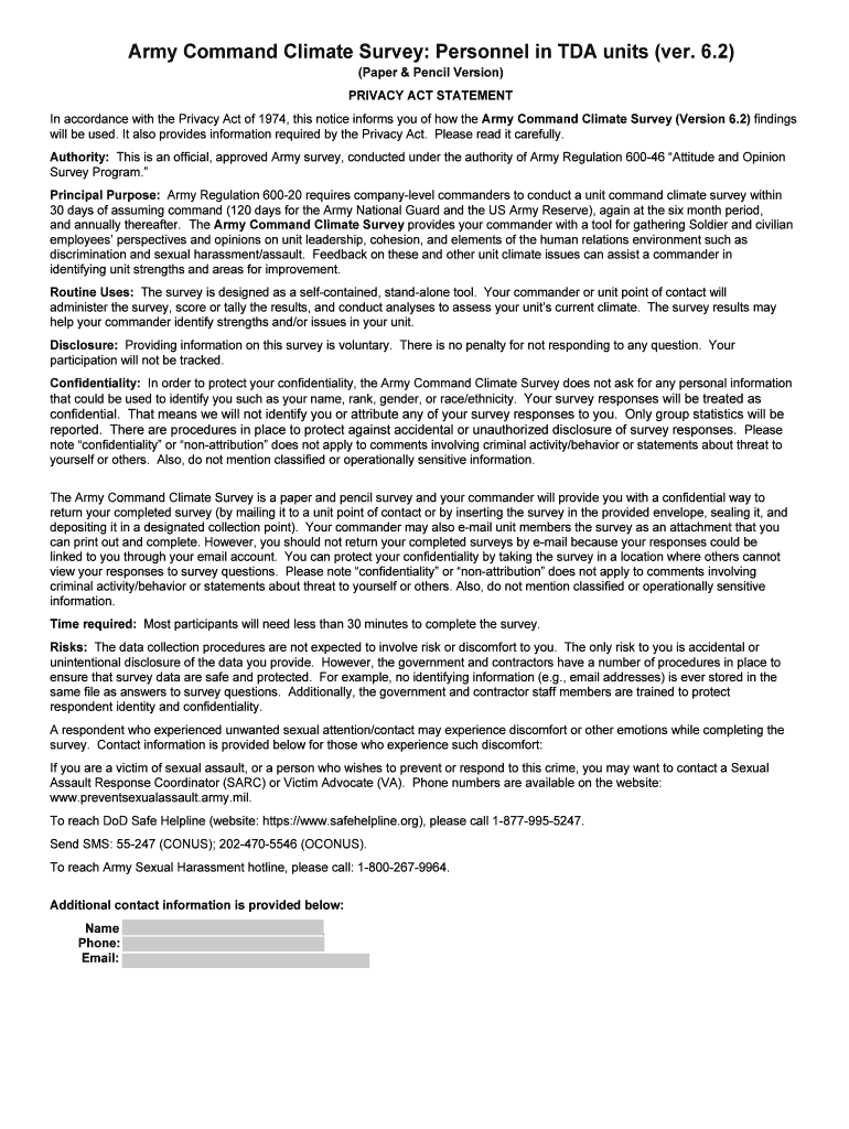 Fillable Online Army Command Climate Survey Personnel in TDA units ver ...