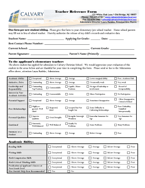 Fillable Online Teacher Reference Form - Calvary Christian School Fax Email Print - pdfFiller