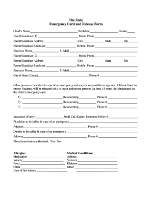 Fillable Online lvcs The Zone Emergency Card and Release Form Fax Email ...