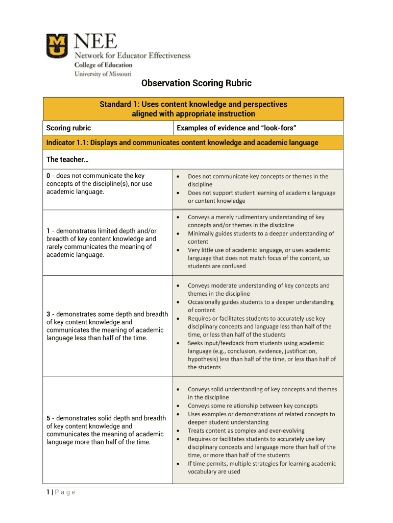 Fillable Online desoto k12 mo Classroom Observation Indicators Scoring ...