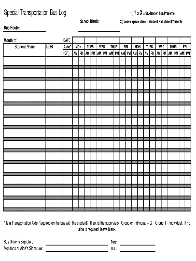 Fillable Online tsbs Special Transportation Bus Log 1 or Student on bus ...