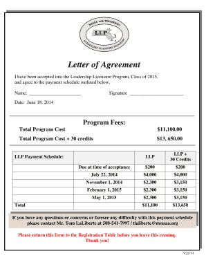 Fillable Online Letter of Agreement I have been accepted into the ...