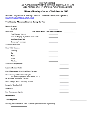 Fillable Online Ministry Housing Allowance Worksheet - QED Tax Service ...
