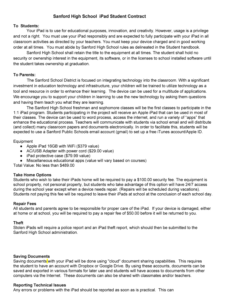 Fillable Online sanfordschools avenet Sanford High School iPad Student ...