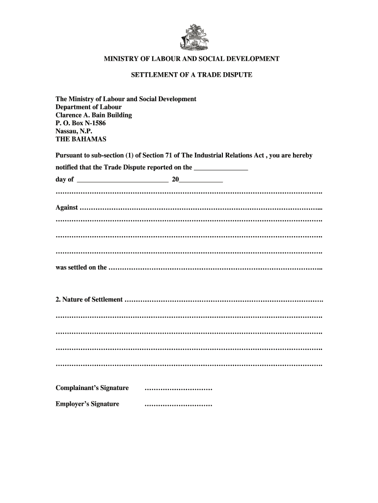 Fillable Online forms bahamas gov SETTLEMENT OF A TRADE DISPUTE1 ...