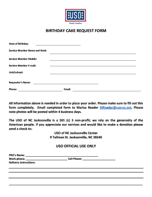 Fillable Online BIRTHDAY CAKE REQUEST FORM - bUSOb bNCb Fax Email Print ...