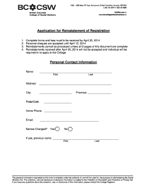 Fillable Online Application for Reinstatement of Registration Personal ...