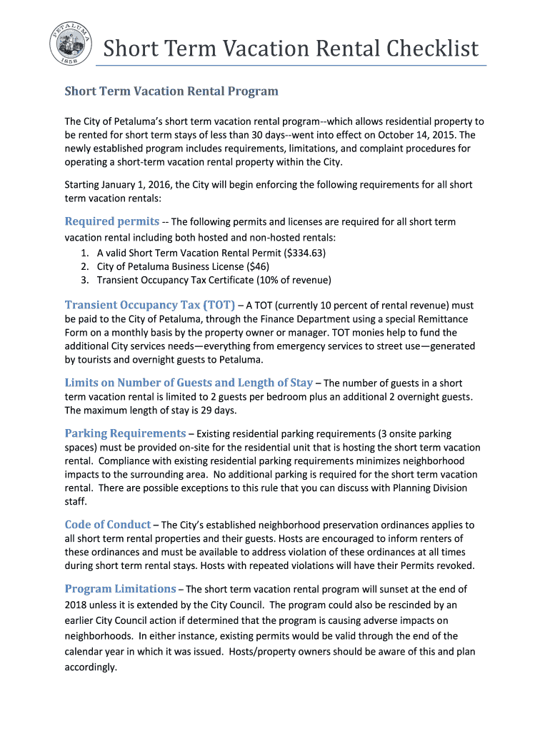 Fillable Online Short Term Vacation Rental Checklist Fax Email Print ...