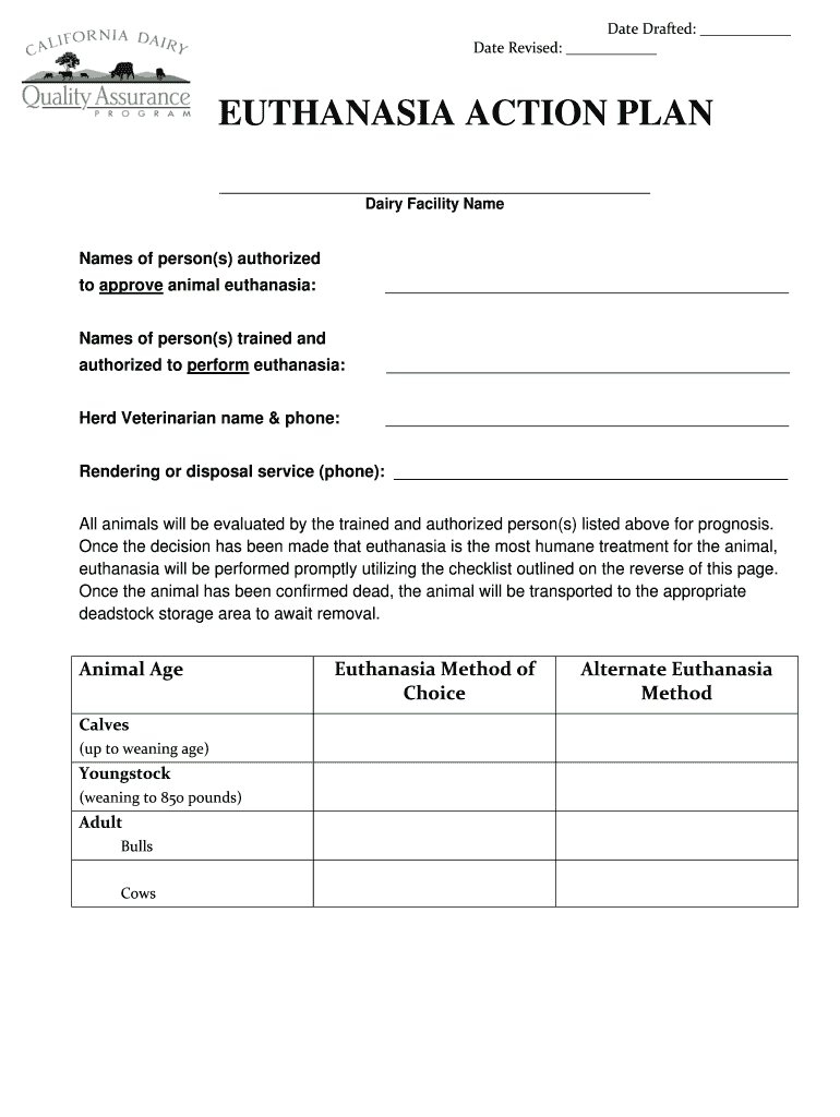 Fillable Online EUTHANASIA ACTION PLAN - California Dairy Research Fax ...