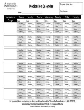 Fillable Online Medication Dosage Sunday Monday Tuesday Wednesday ...