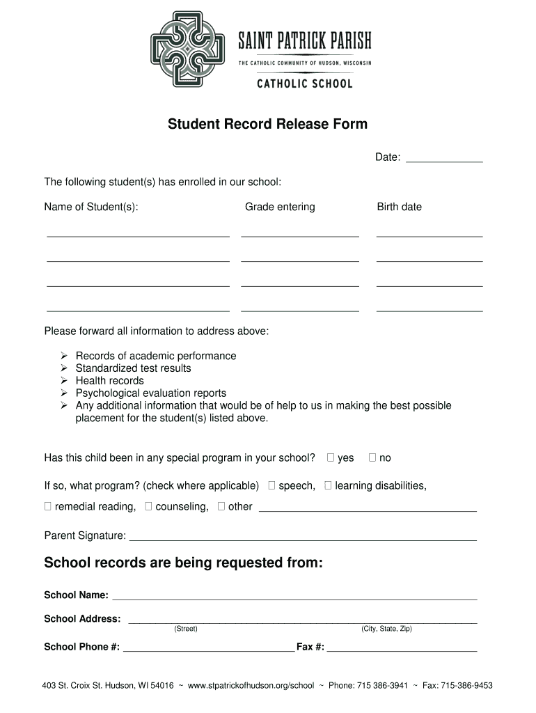 Fillable Online stpatrickofhudson Student Record Release Form - Saint ...