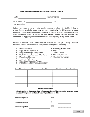Fillable Online AUTHORIZATION FOR POLICE RECORDS CHECK - ESLHA Fax ...
